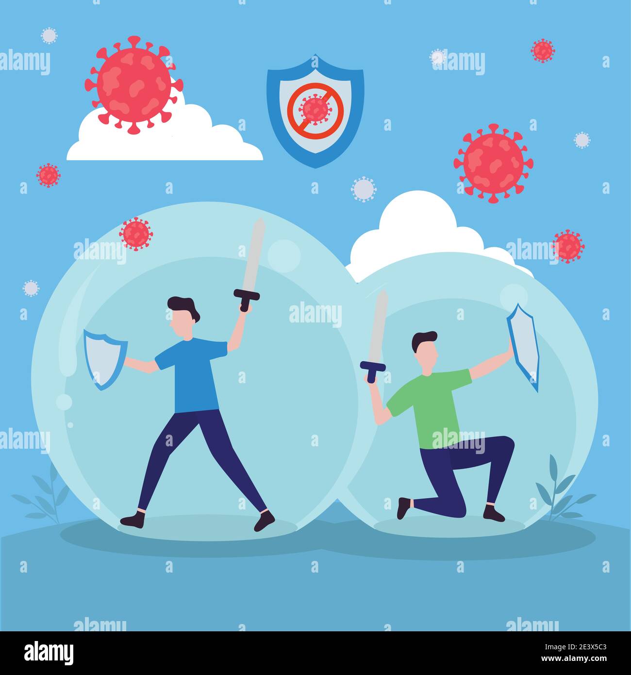 covid 19 virus fight and men with shields in spheres design of 2019 ...