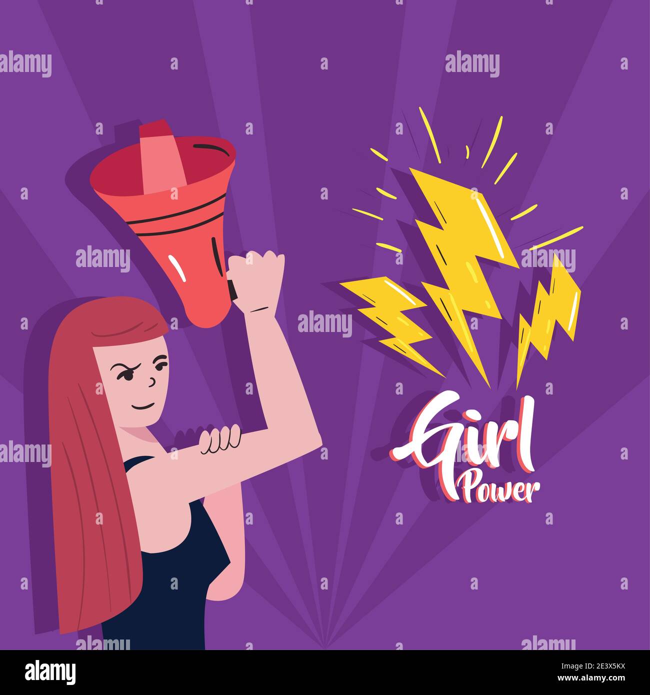 Girl power strong woman cartoon with megaphone and thunders design of ...