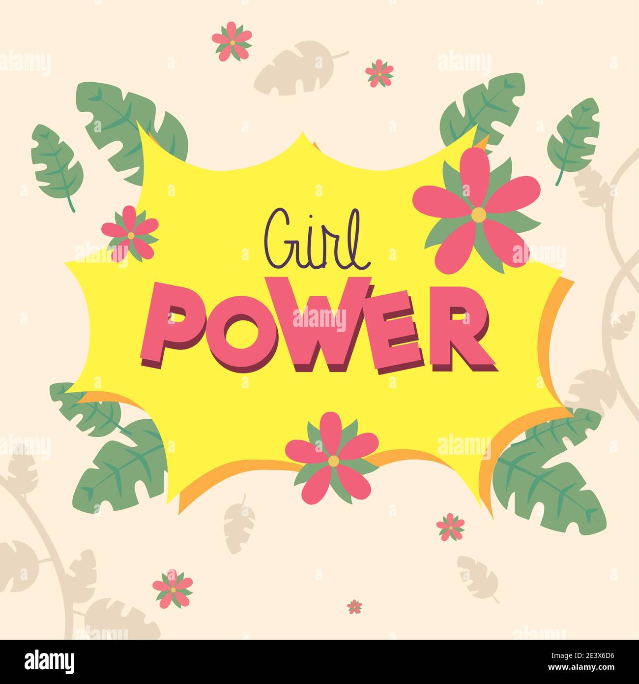 Girl power explosion banner with leaves and flowers design of woman ...