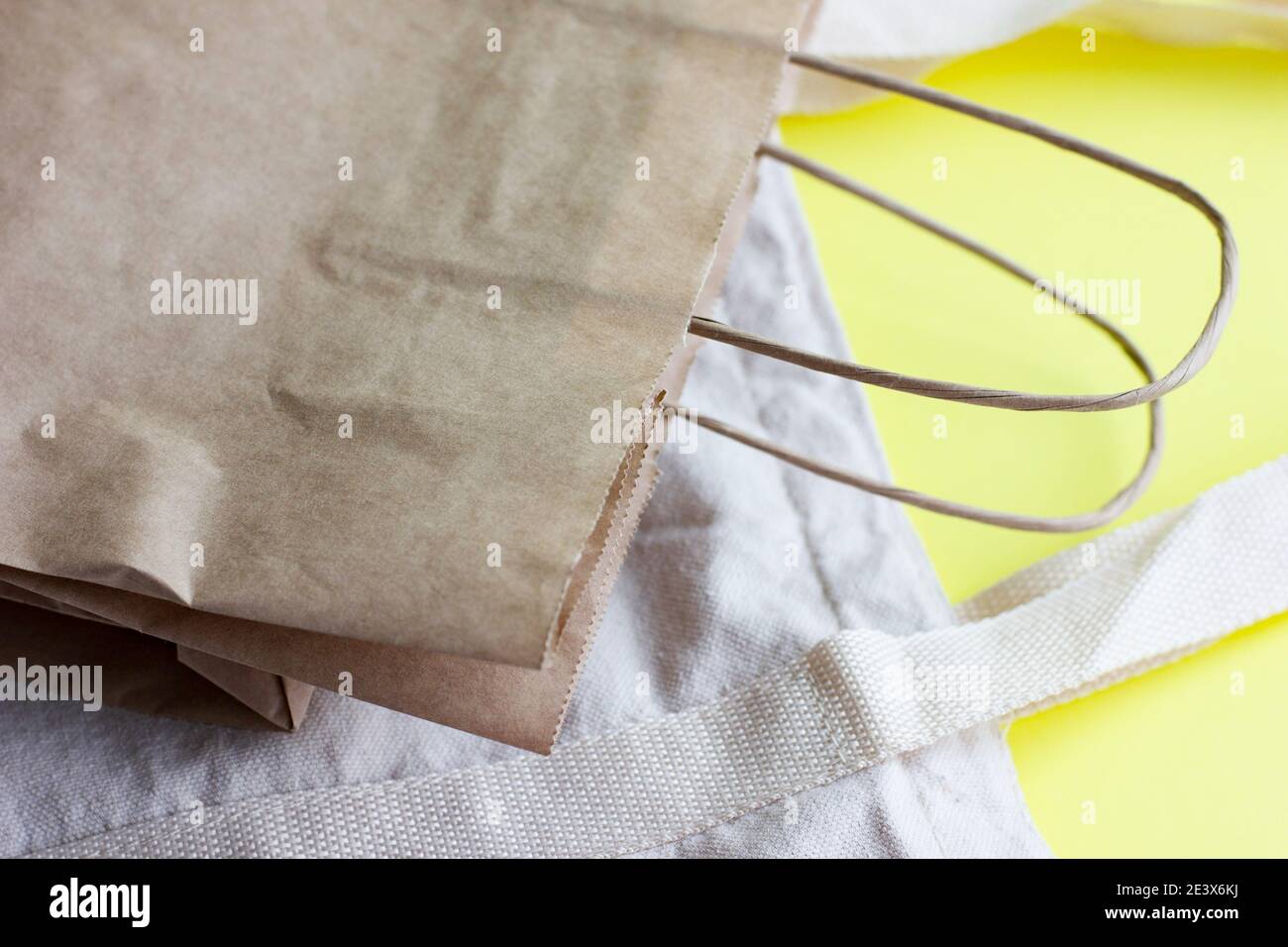 zero waste food shopping. eco natural bags, eco friendly. flat lay or ...