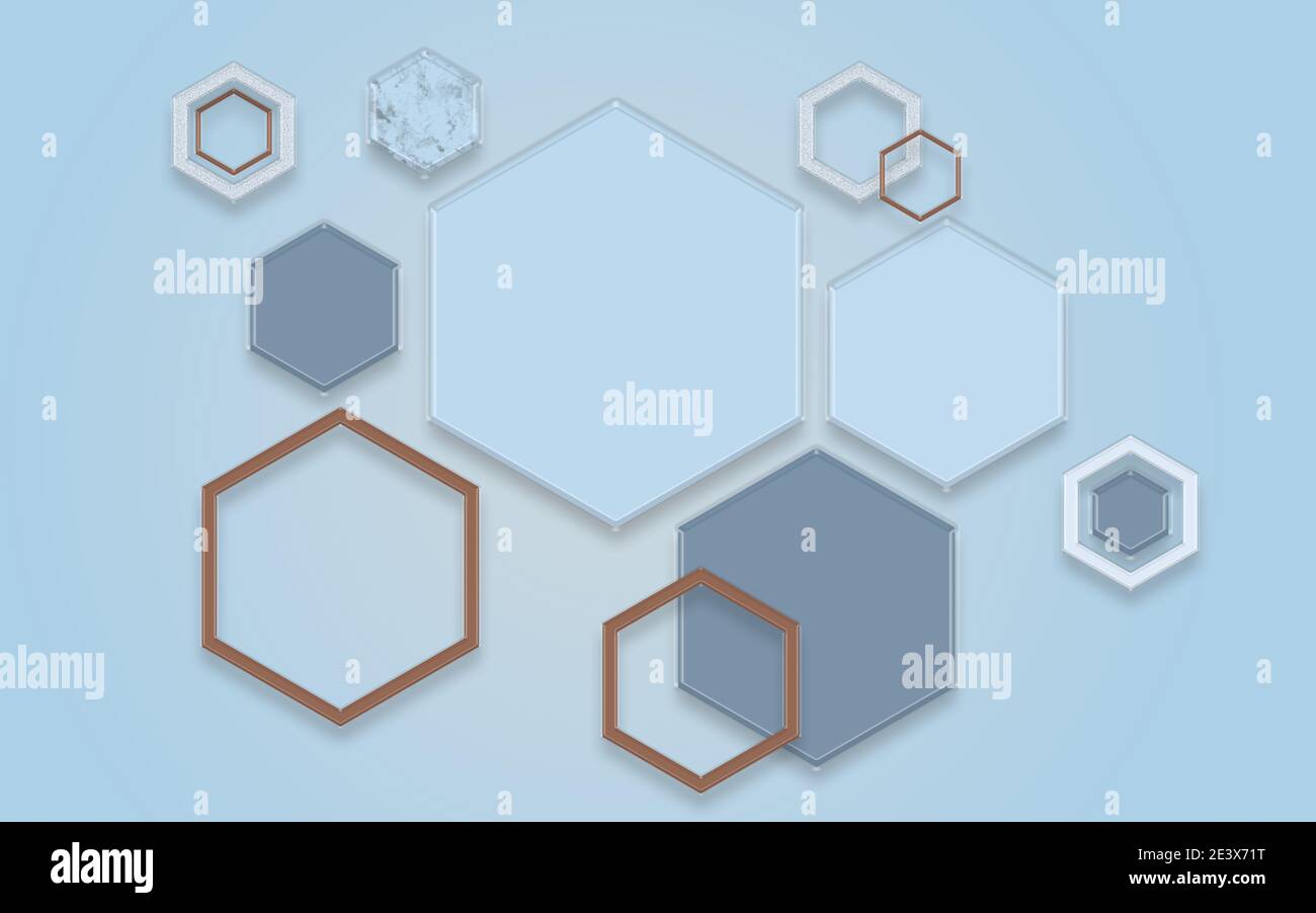 3d illustration, large hexagons and hexagonal frames on a blue ...