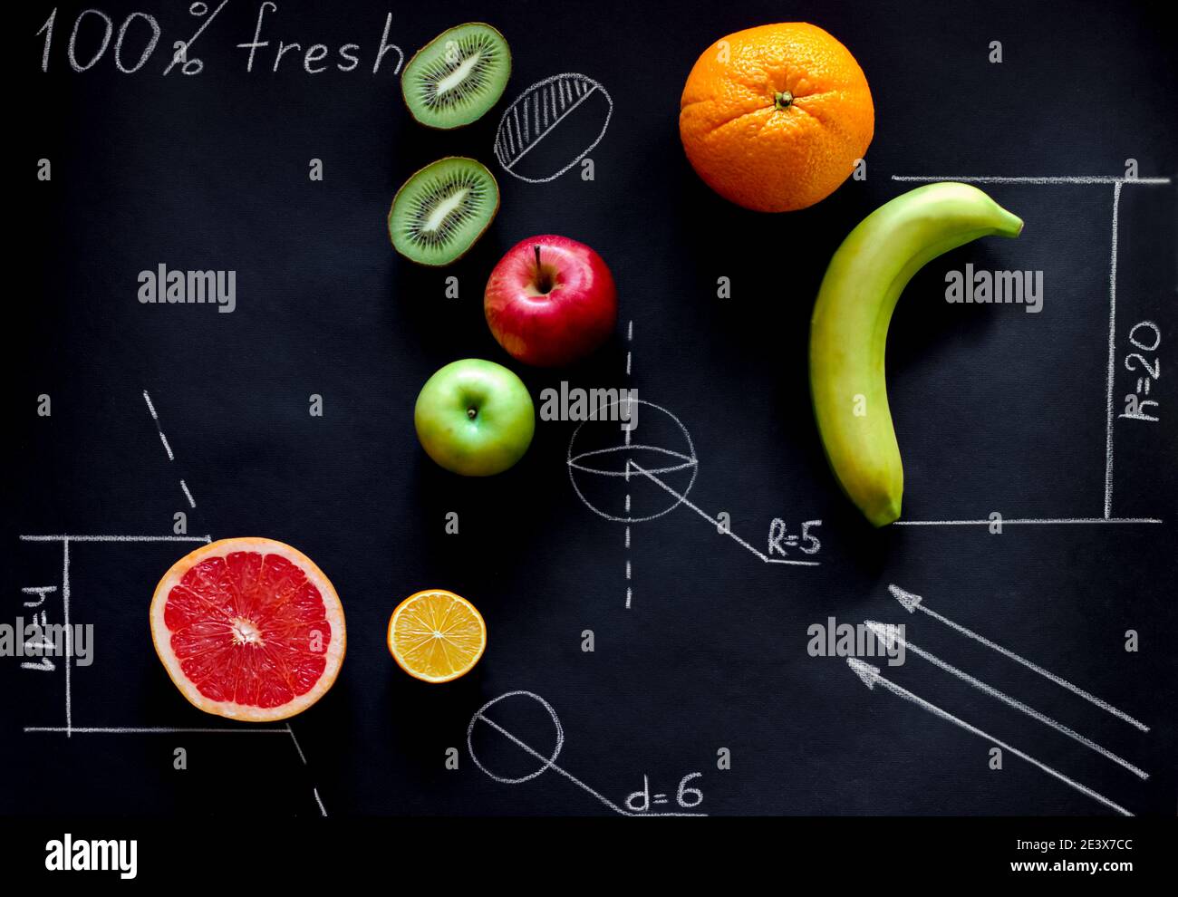 fruits on chalkboard. geometry sketches and ripe fruits with hand ...