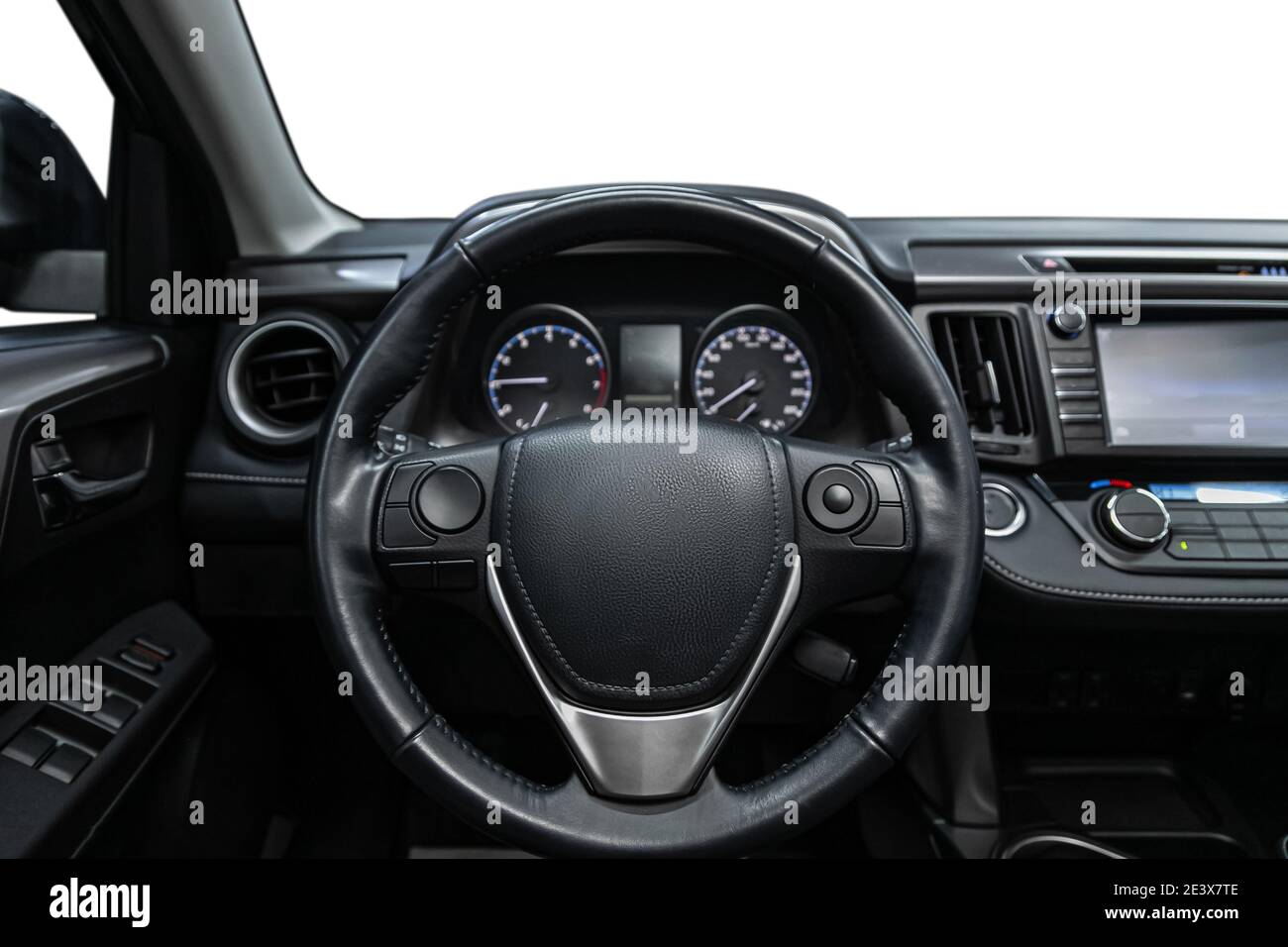car Interior - steering wheel, shift lever and dashboard, climate ...