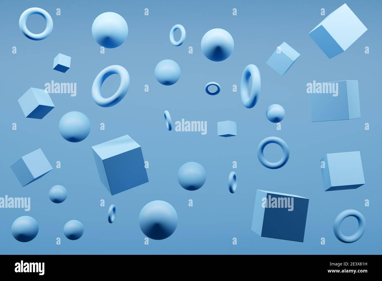 Close-up 3d blue monocrome illustration. Different geometric shapes ...
