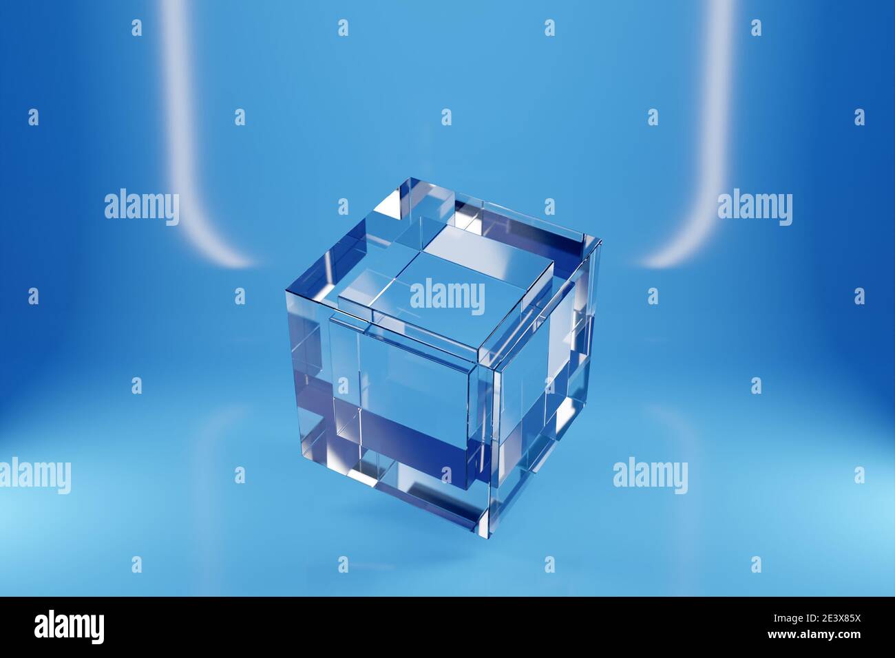 3D illustration of a transparent glass cube on a blue background under ...