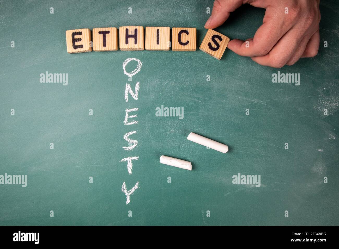 Ethics and Honesty concept. Text from the letters of the wooden ...