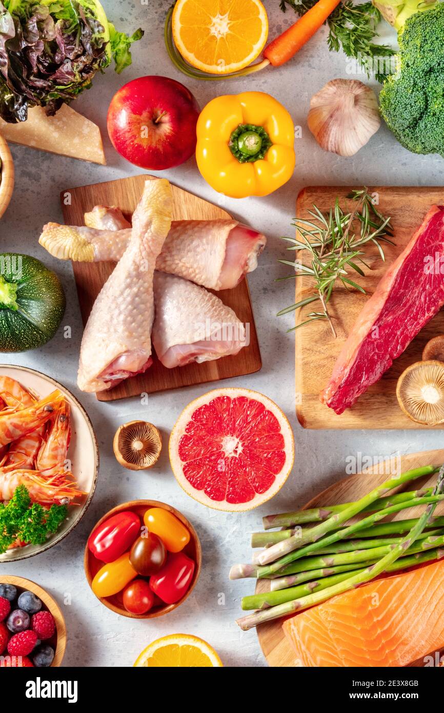 Food variety, the concept of a balanced diet. Meat, poultry, fish and ...
