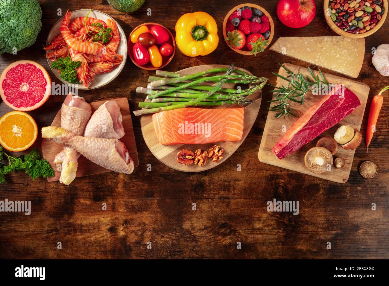 Food, overhead flat lay shot with a place for text. Meat and fish ...