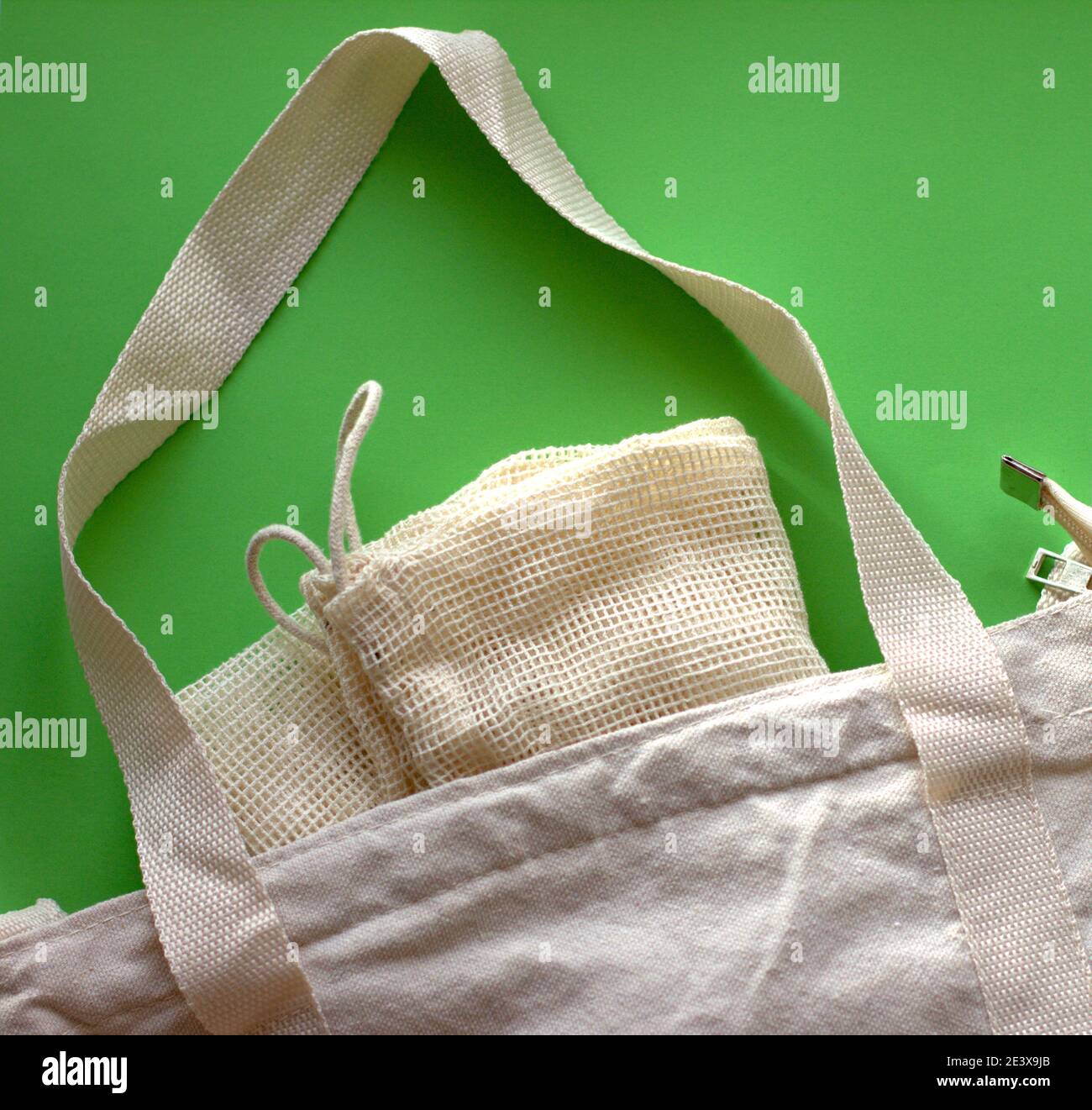 zero waste food shopping. eco natural bags, eco friendly. flat lay or ...
