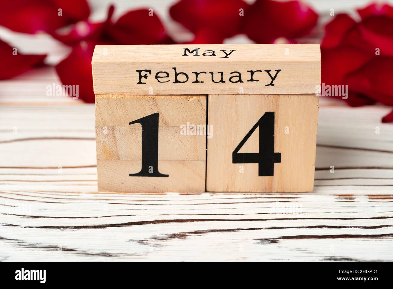 Wooden calendar with date 14th of February Stock Photo - Alamy