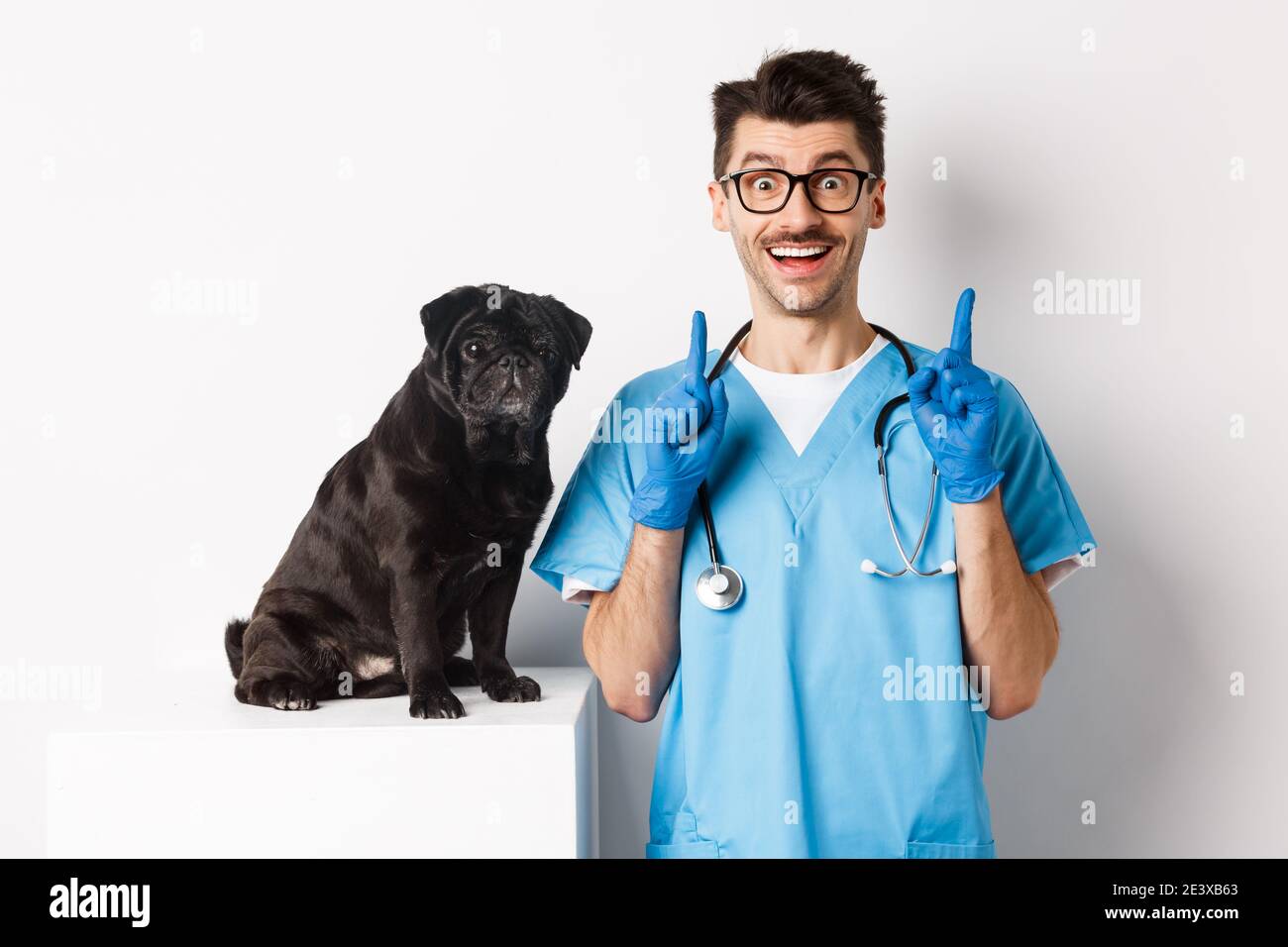 Handsome young doctor at vet clinic pointing finger up and smiling ...