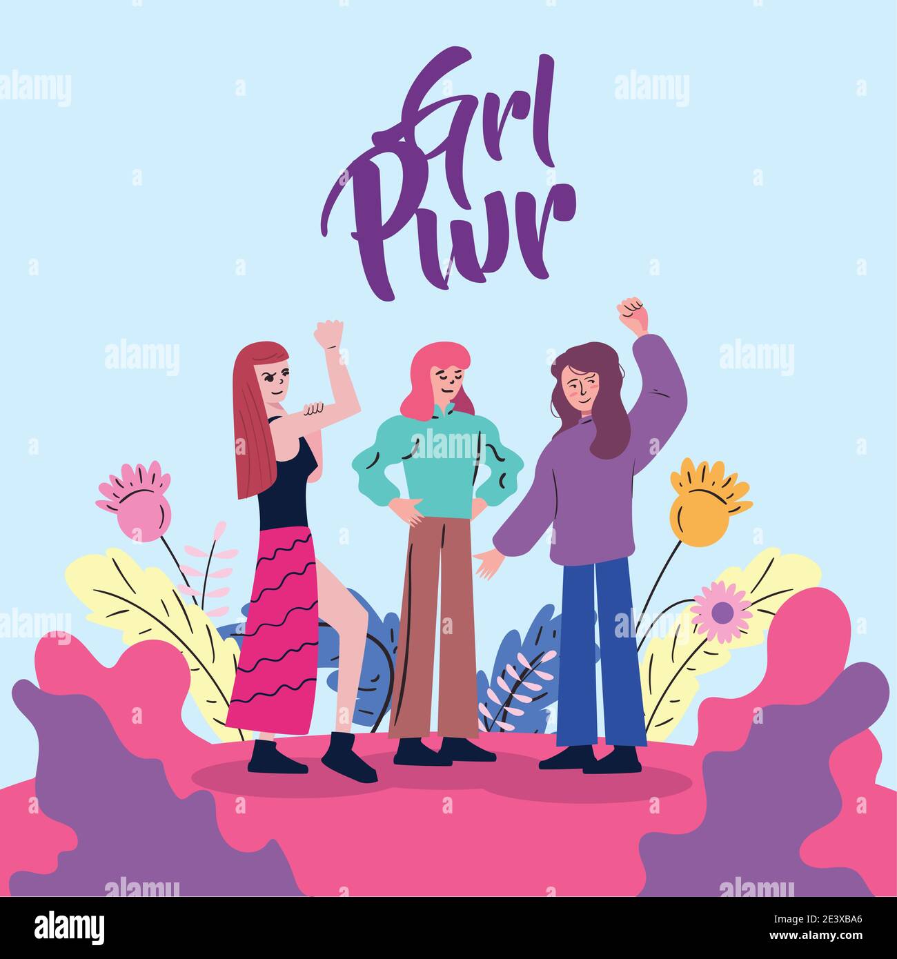 Girl power women cartoons with flowers and leaves design of empowerment ...