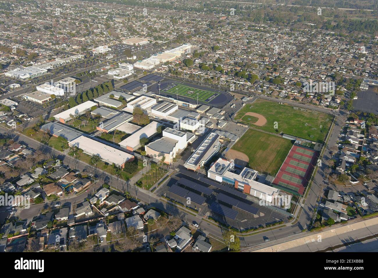 An aerial view of Millikan High School campus, Sunday, Jan. 10, 2021 ...
