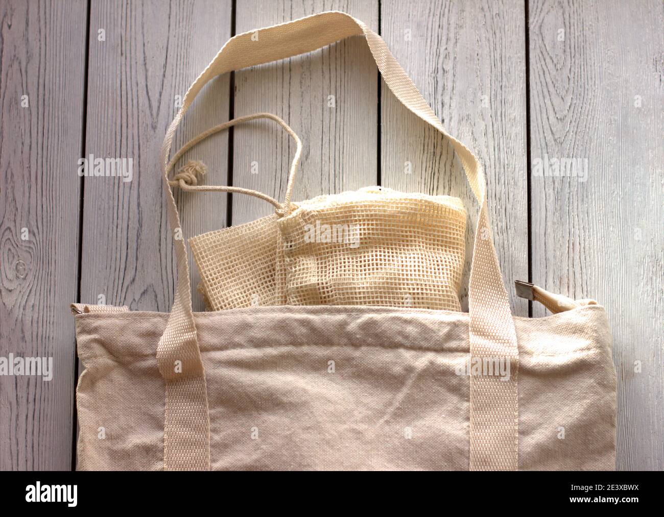 zero waste food shopping. eco natural bags, eco friendly. flat lay or ...