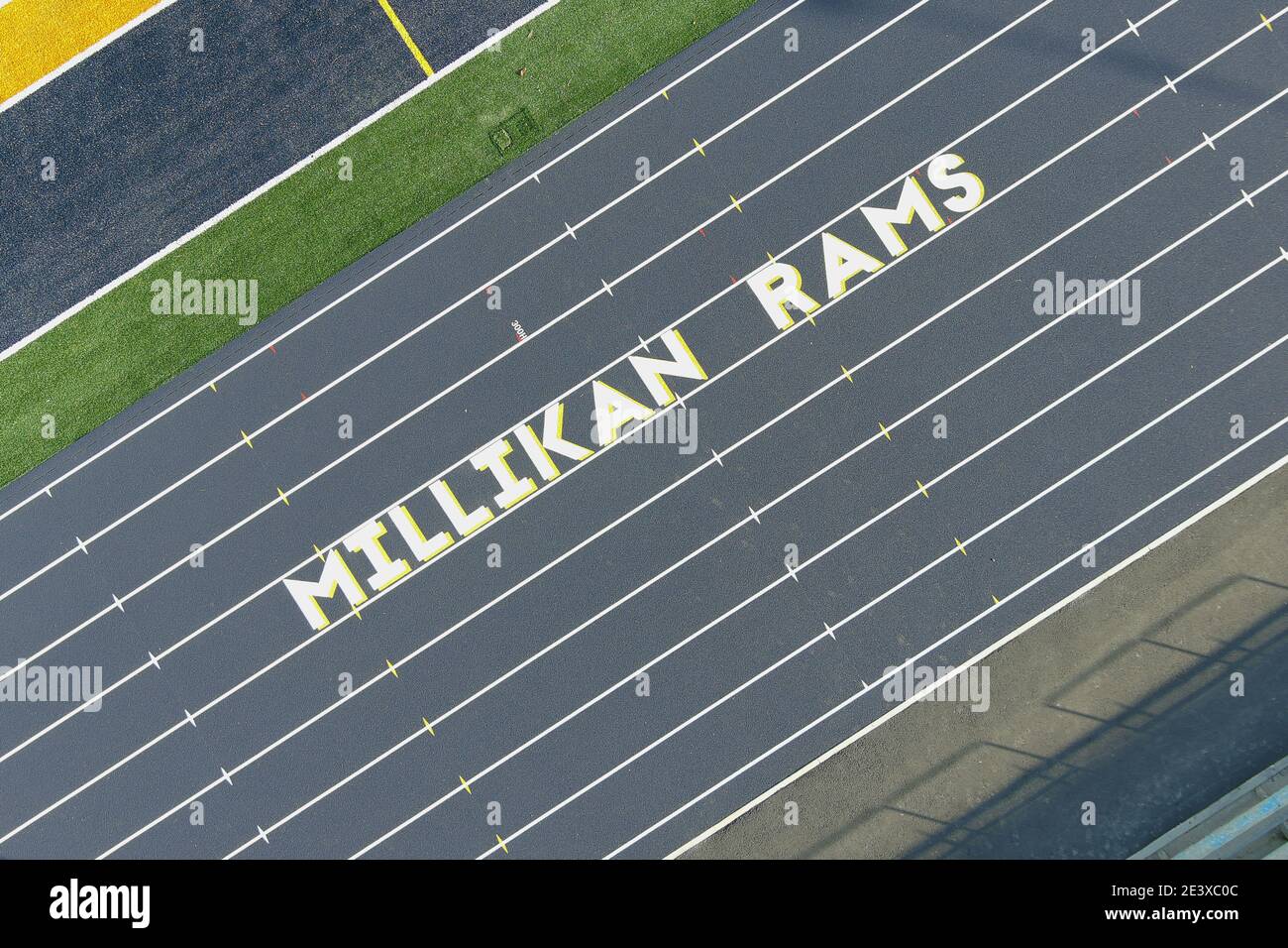 An aerial view of the DeHaven Stadium track at Millikan High School ...