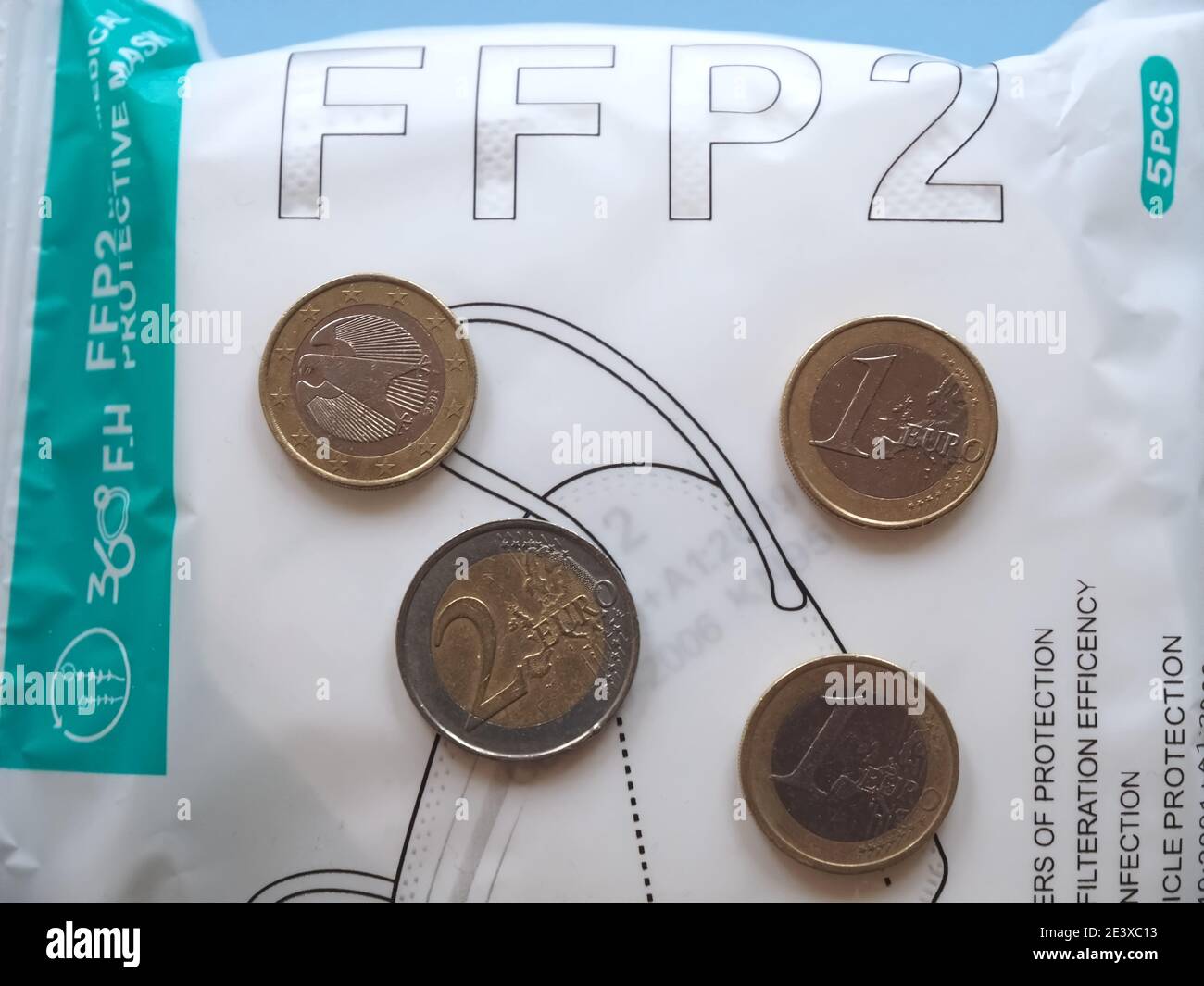 Package with FFP2 protection masks and money coins to help against ...
