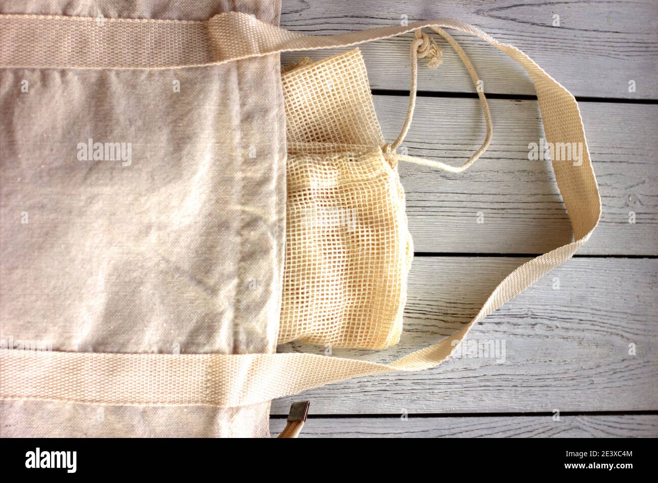zero waste food shopping. eco natural bags, eco friendly. flat lay or ...