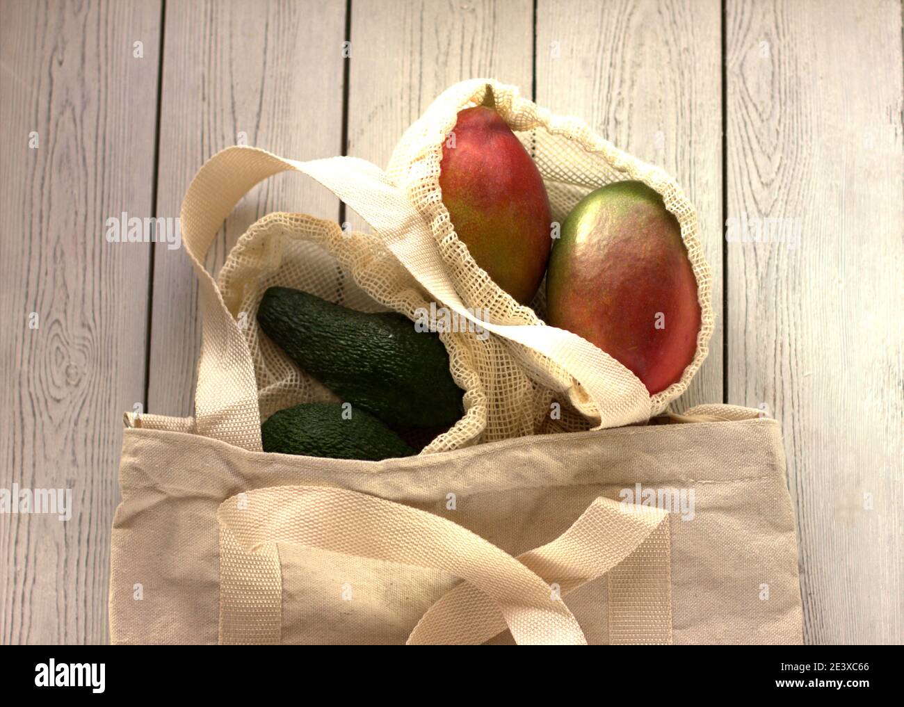 zero waste food shopping. eco natural bags with fruits and vegetables ...