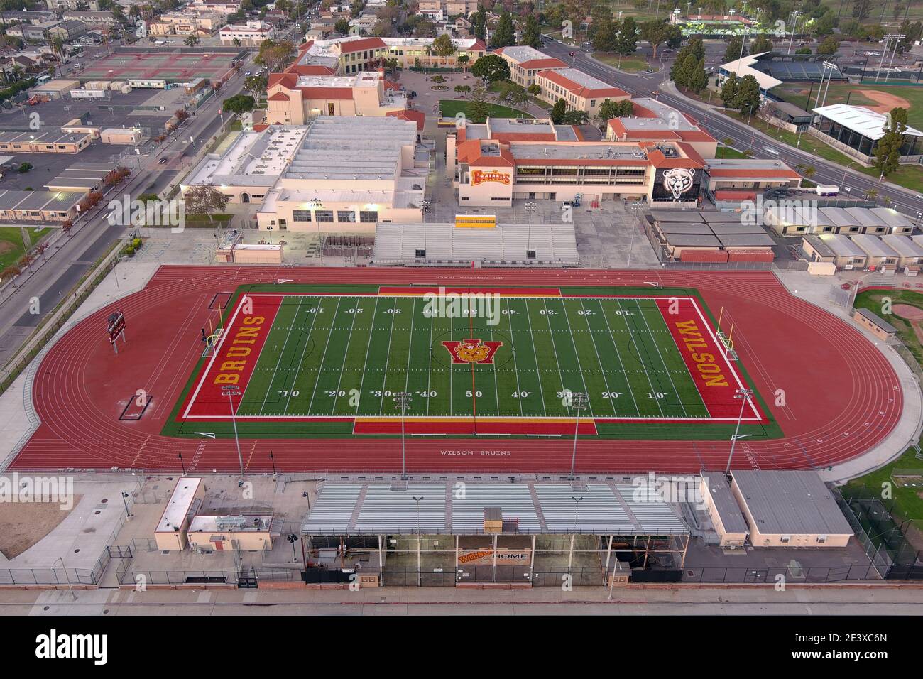 An aerial view of Jim Arquilla Track and football stadium on the campus ...