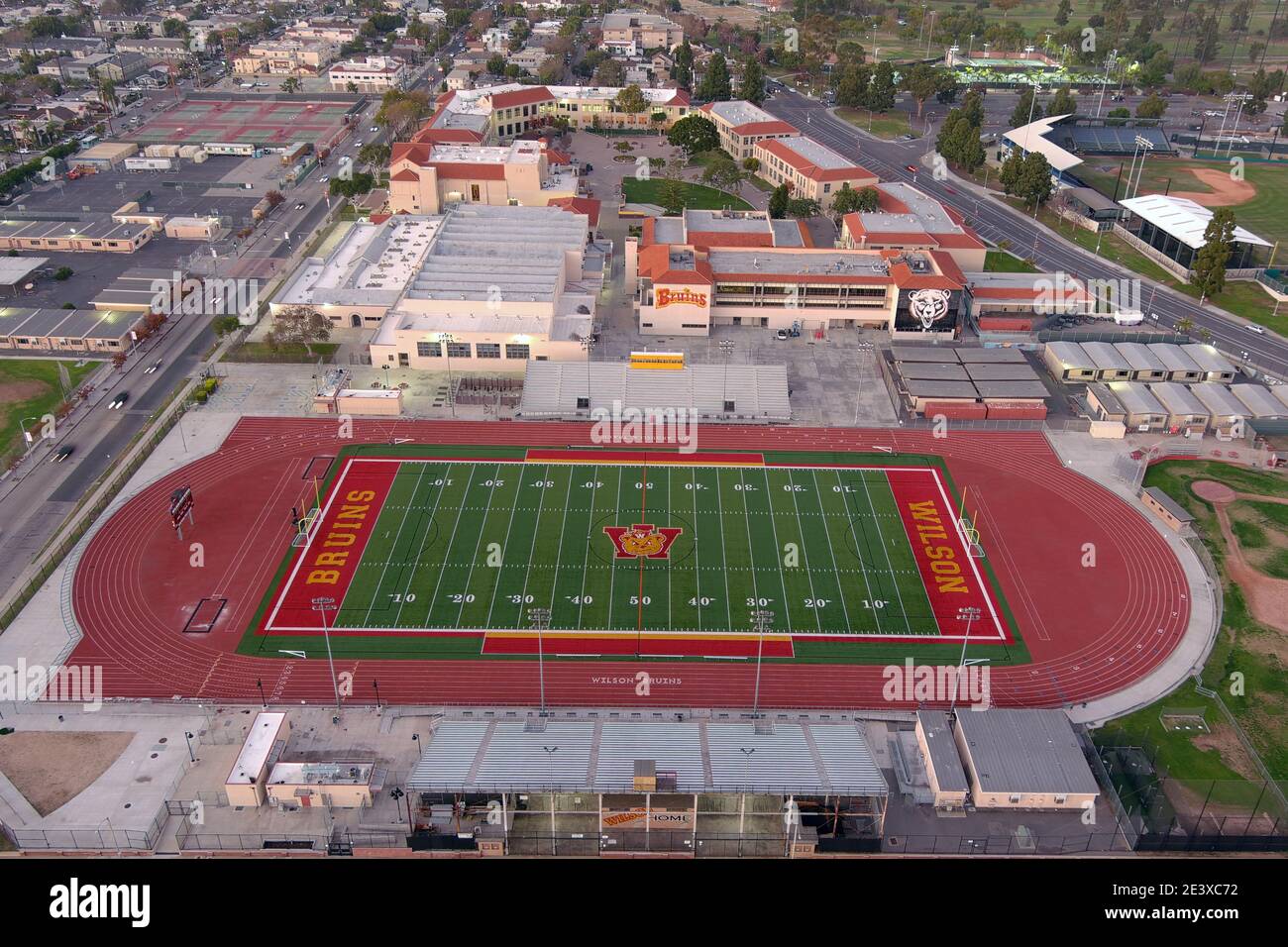 An aerial view of Jim Arquilla Track and football stadium on the campus ...
