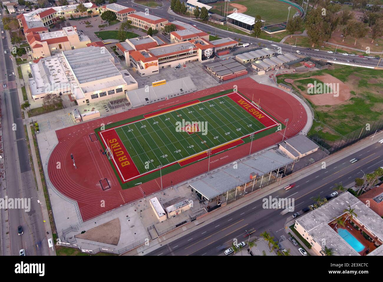 An aerial view of Jim Arquilla Track and football stadium on the campus ...