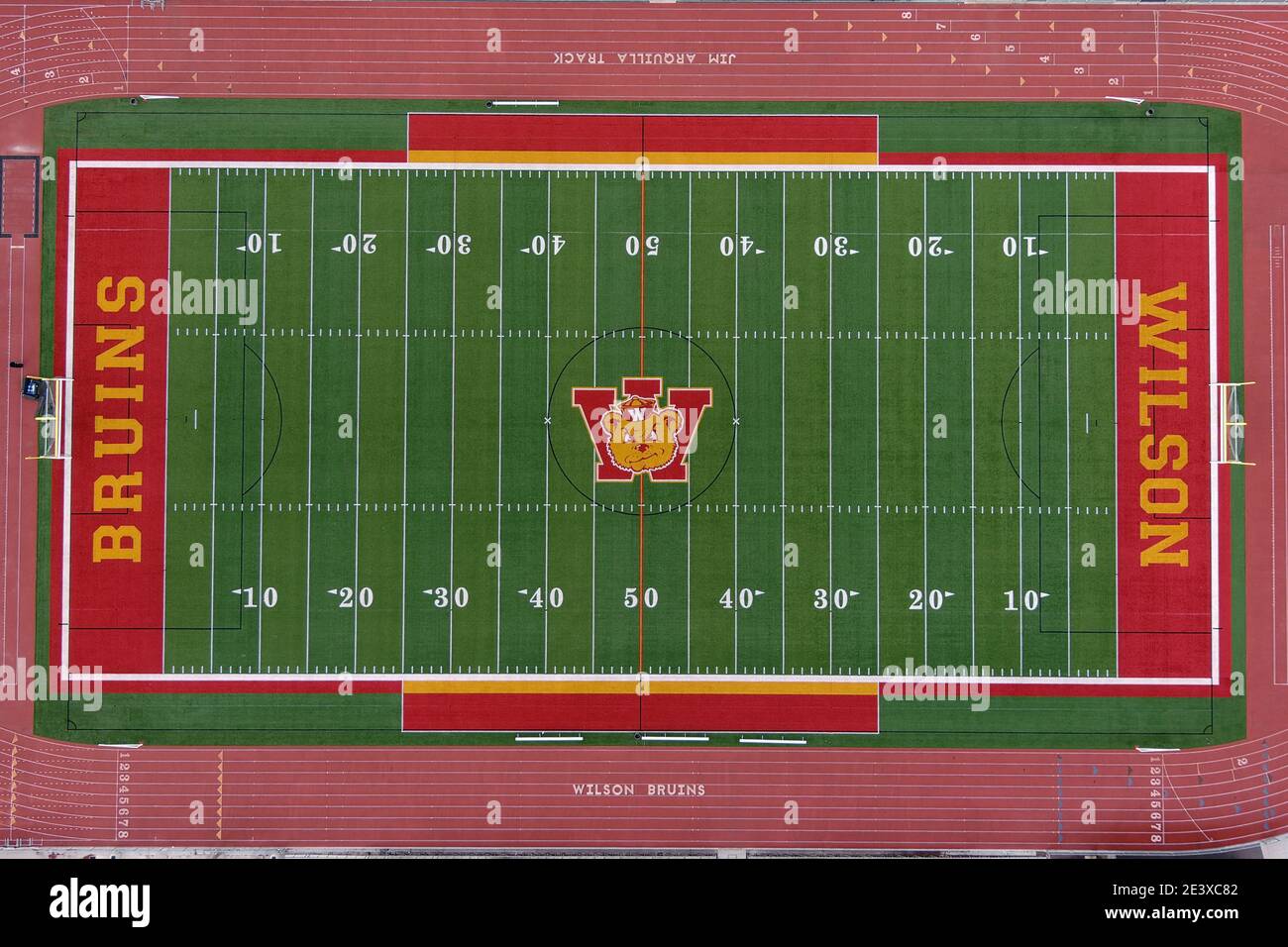 An aerial view of Jim Arquilla Track and football stadium on the campus ...