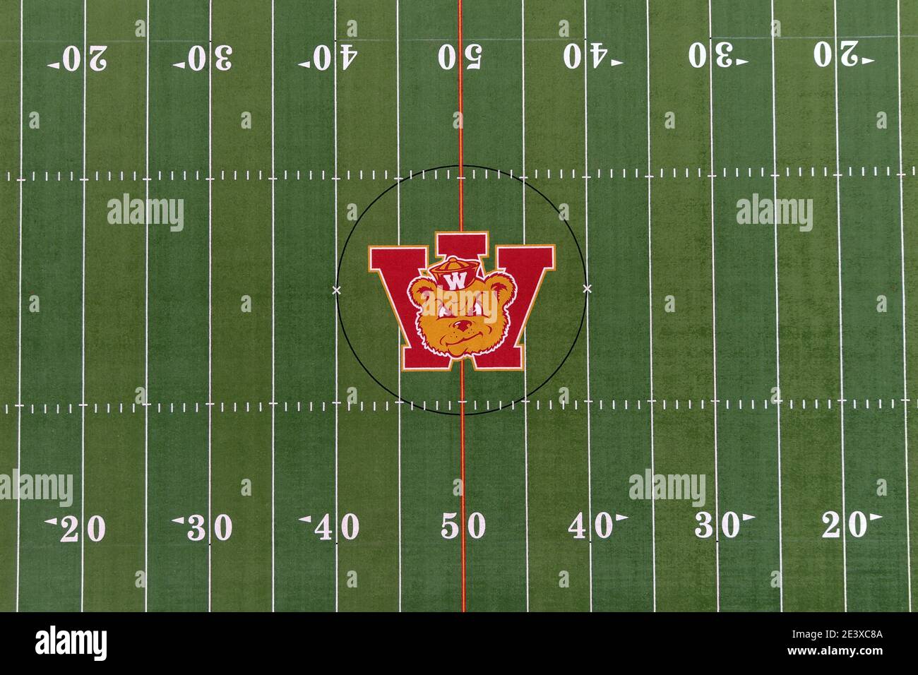 An aerial view of the soccer and football field on the campus of Long ...