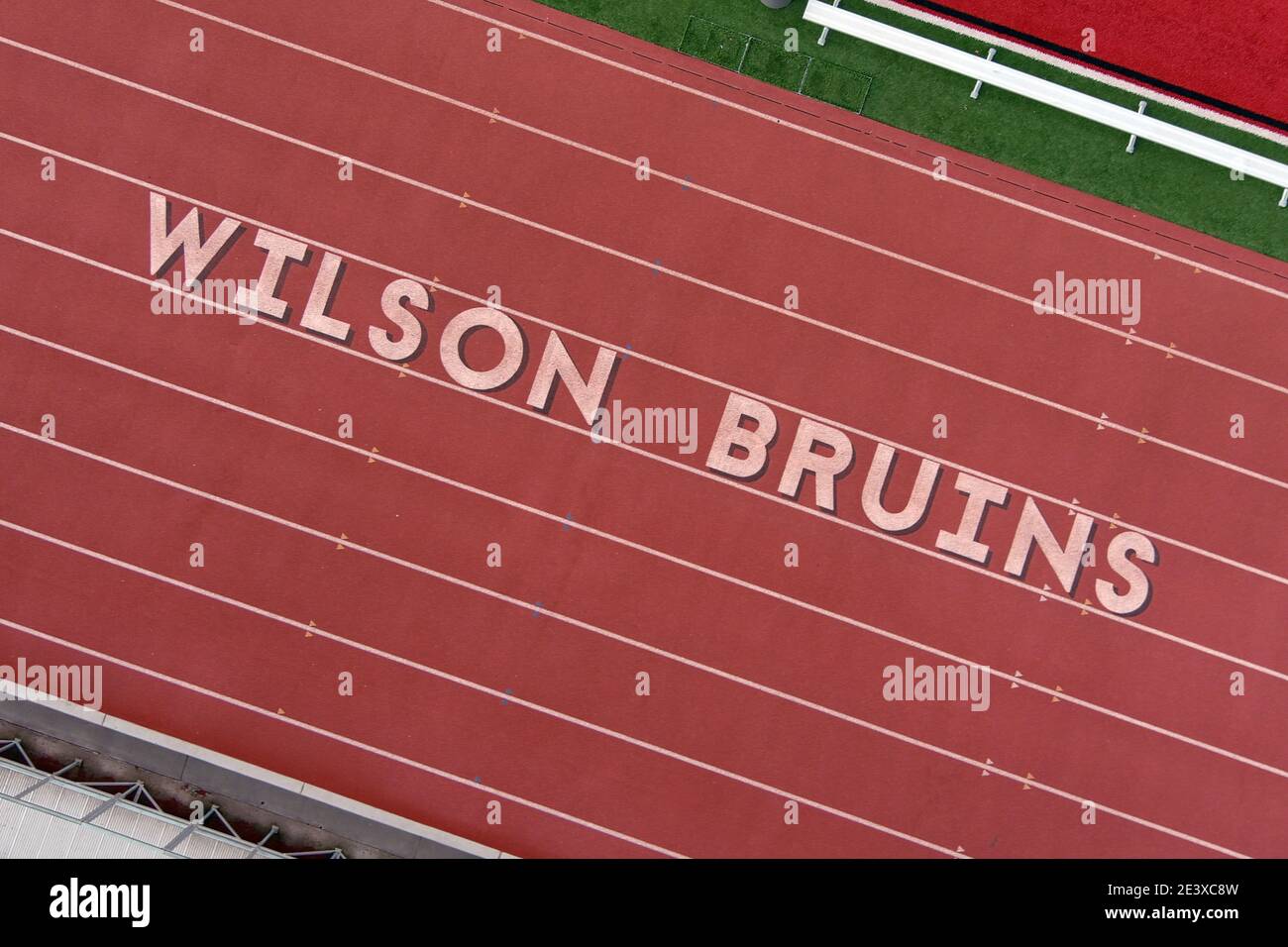 An aerial view of Jim Arquilla Track on the campus of Long Beach Wilson ...
