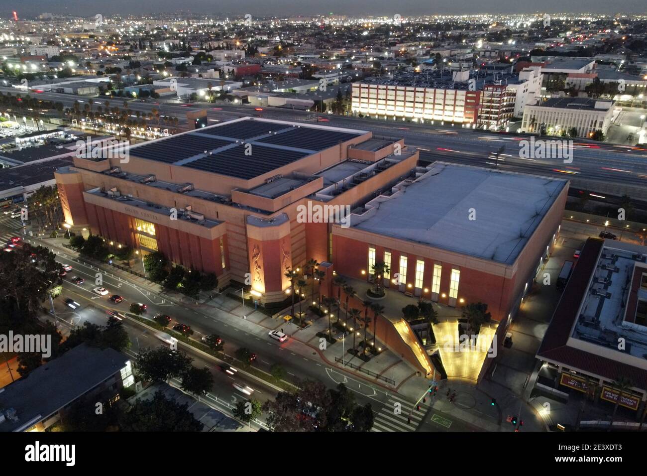 An aerial view of the Galen Center, Saturday, Jan. 16, 2021, in Los ...