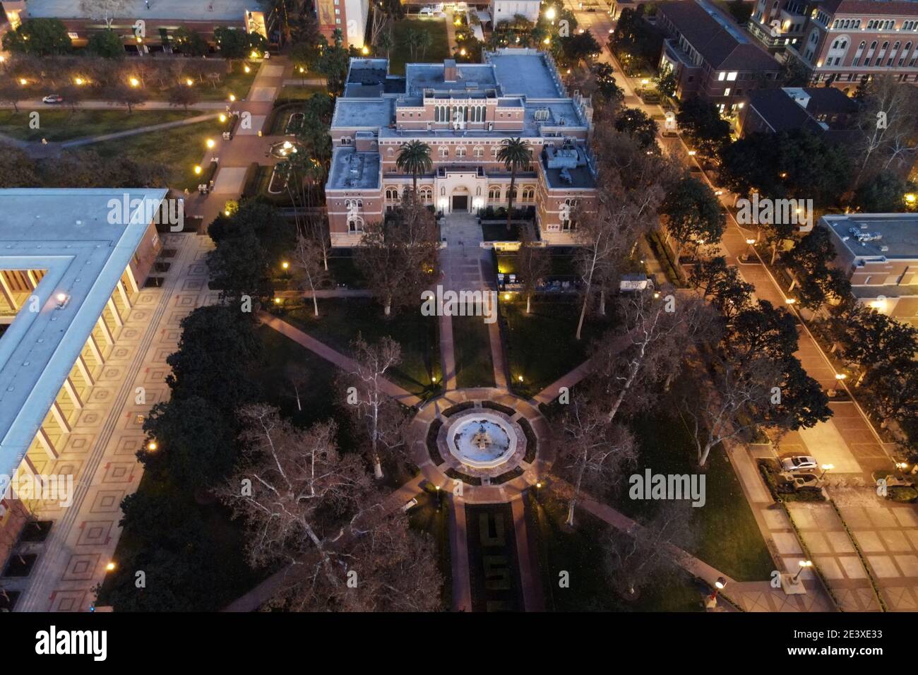 An aerial view of the Doheny Memorial Library on the campus of the ...