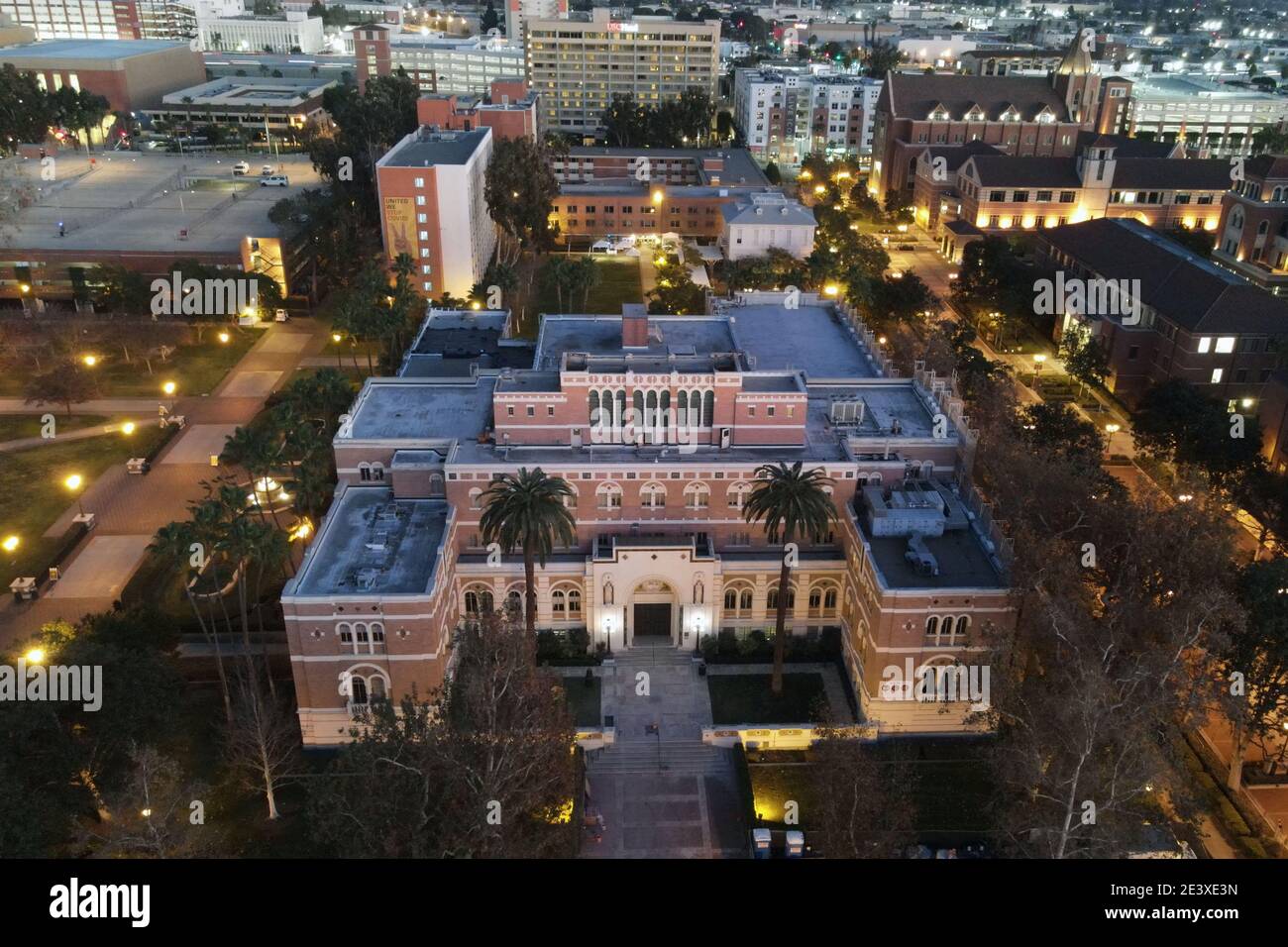 An aerial view of the Doheny Memorial Library on the campus of the ...