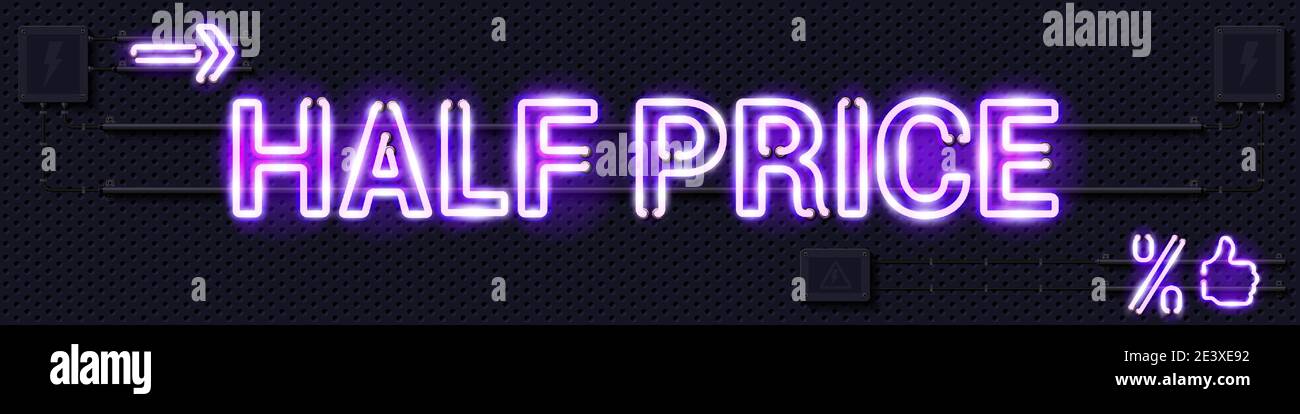 HALF PRICE glowing purple neon lamp sign. Realistic vector illustration ...