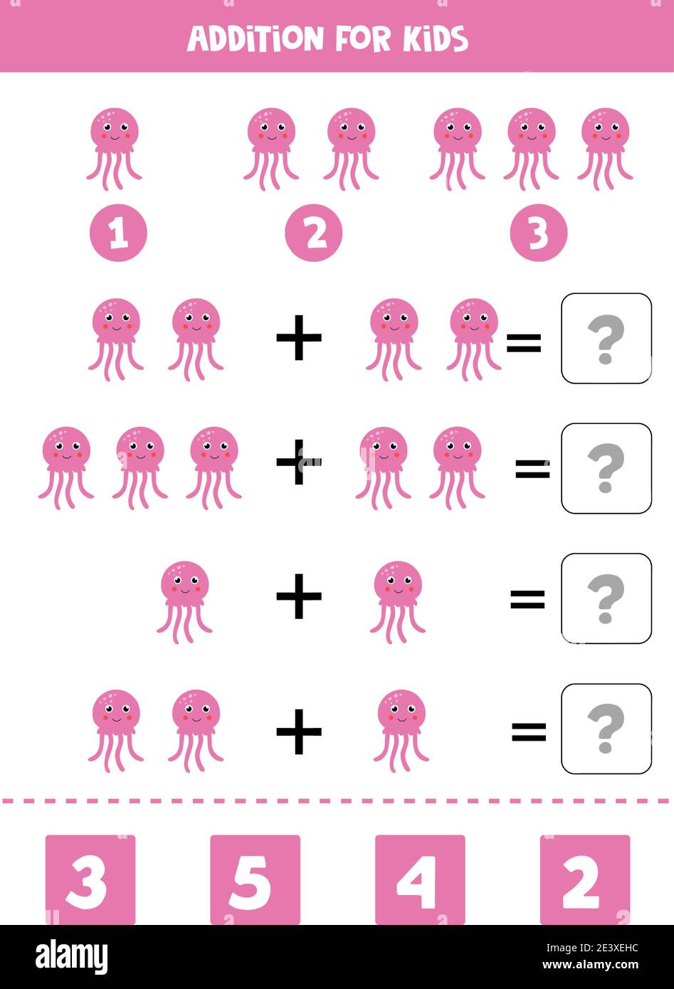 Addition game with cute cartoon jelly fish. Math game for kids Stock ...