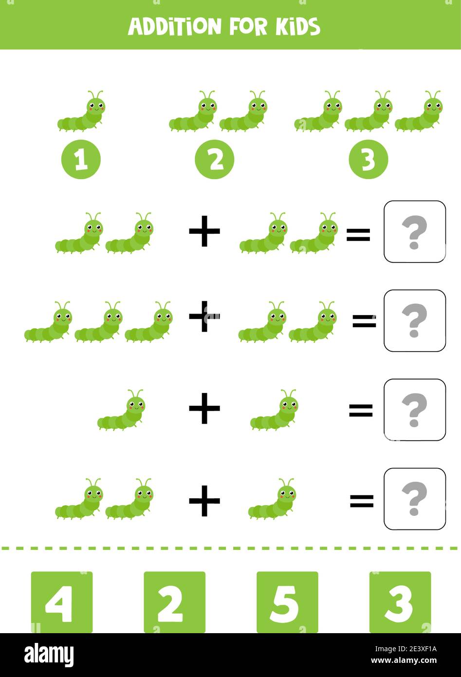 Addition game with cute cartoon caterpillar. Math game for kids Stock ...
