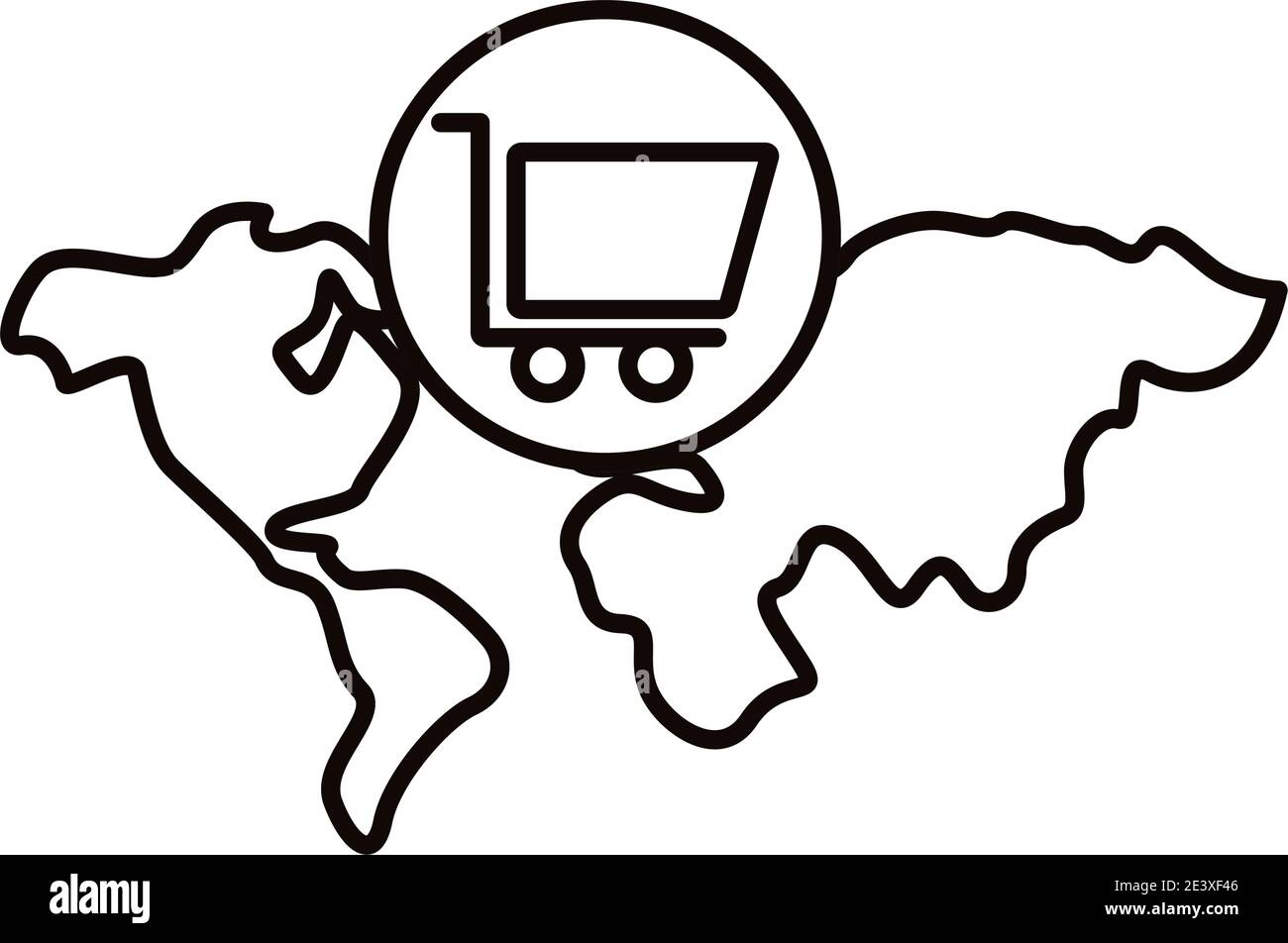 Digital marketing cart on world map line style icon design, ecommerce ...