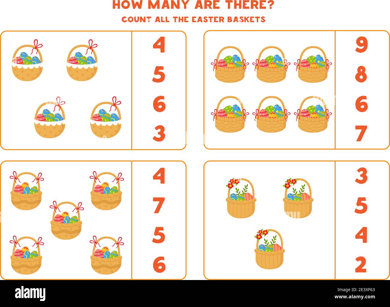 Count all Easter baskets full of eggs. Math game for preschool kids ...