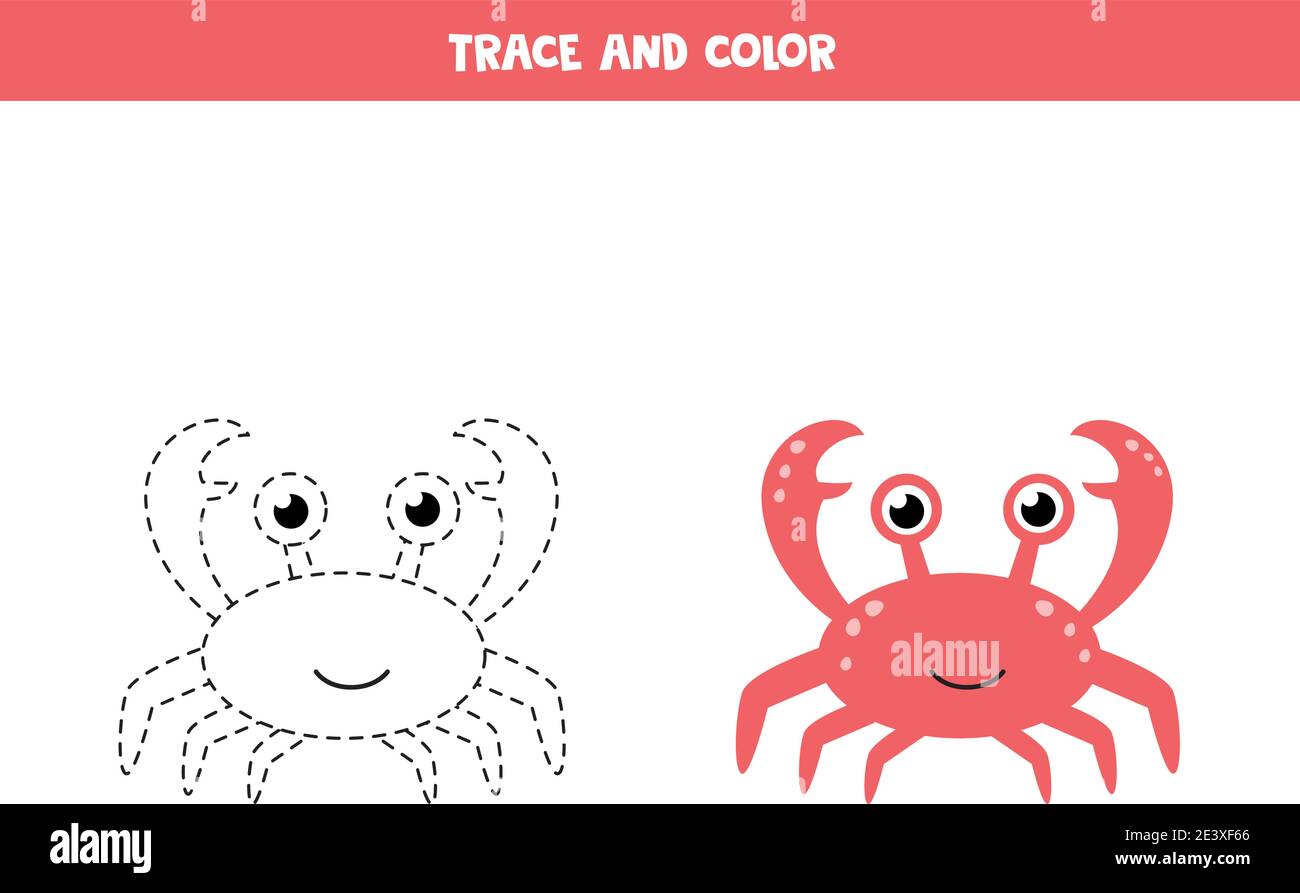 Trace and color cute crab. Educational game for kids. Writing and ...