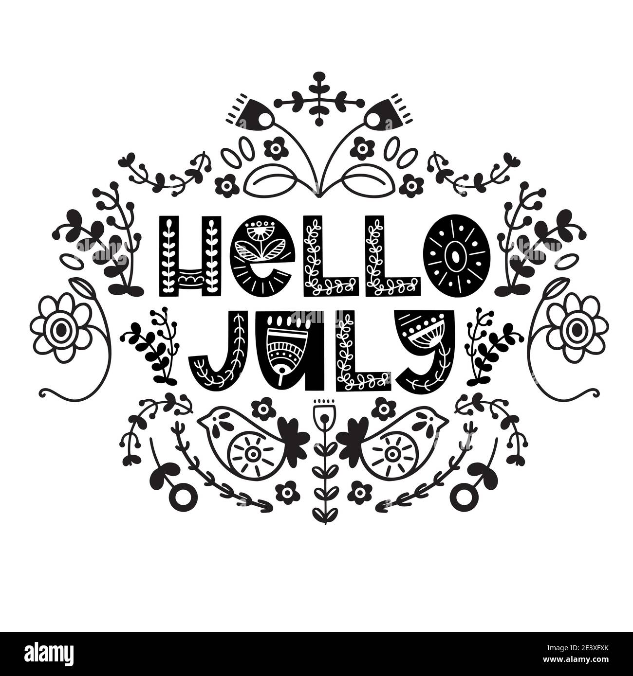 Hello July lettering. Elements for invitations, posters, greeting cards ...