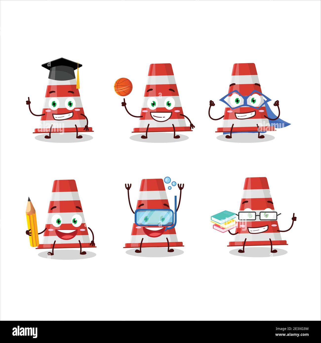 School student of red traffic cone cartoon character with various ...