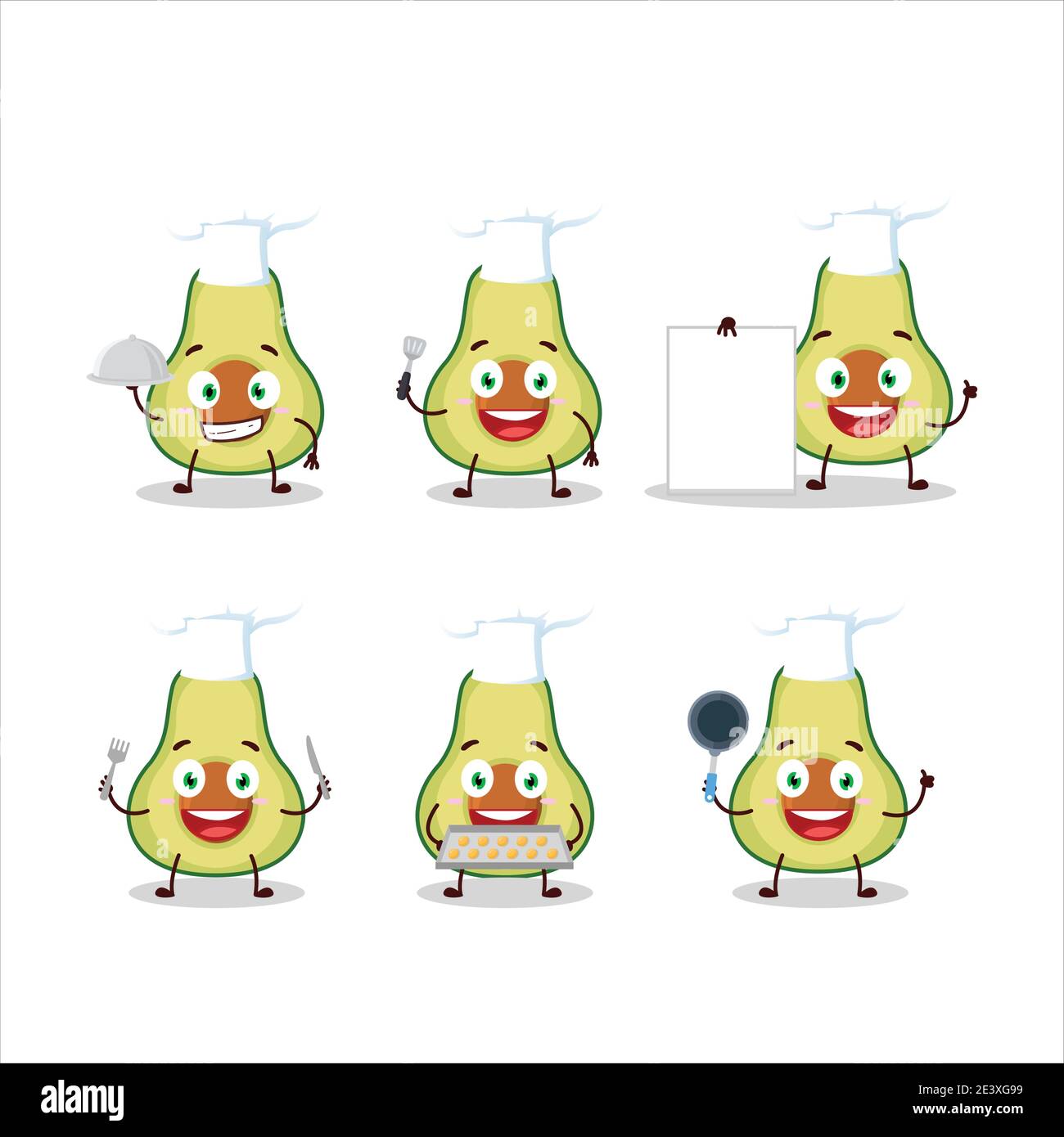 Cartoon character of slice of avocado with various chef emoticons ...