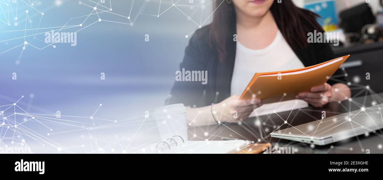 Businesswoman holding folder with paper documents; panoramic banner ...
