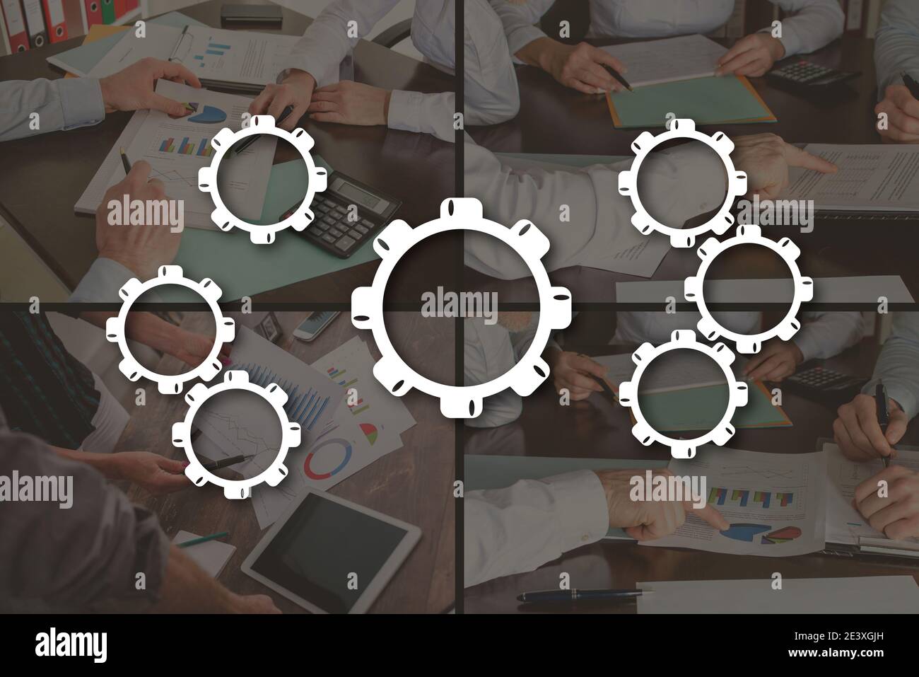 Manufacturing process concept illustrated by pictures on background ...