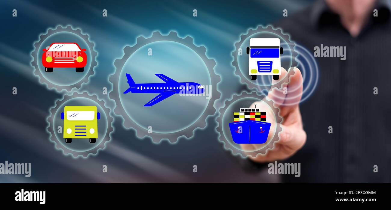 Man touching a transportation concept on a touch screen with his ...