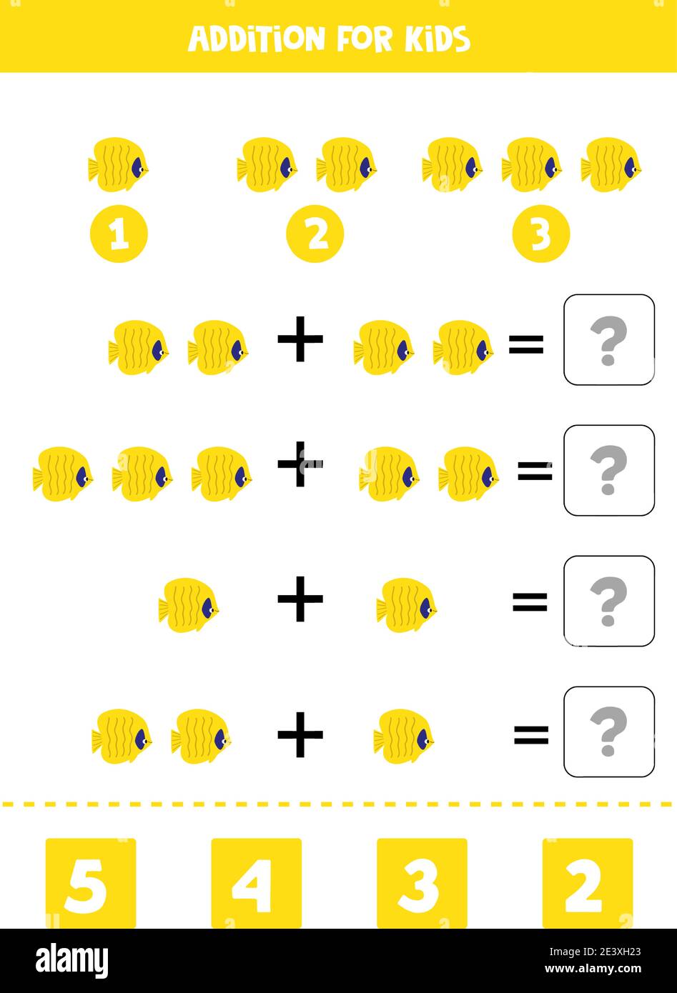 Addition game with cute cartoon sea fish. Math game for kids Stock ...