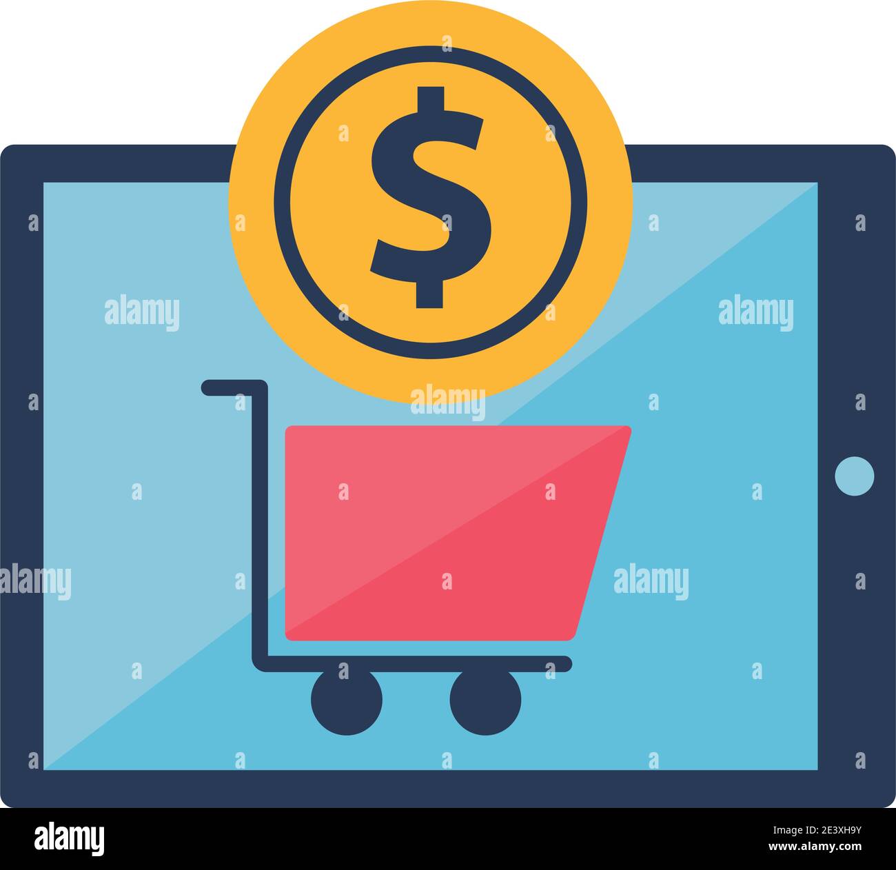 Digital marketing cart in tablet with coin flat style icon design ...