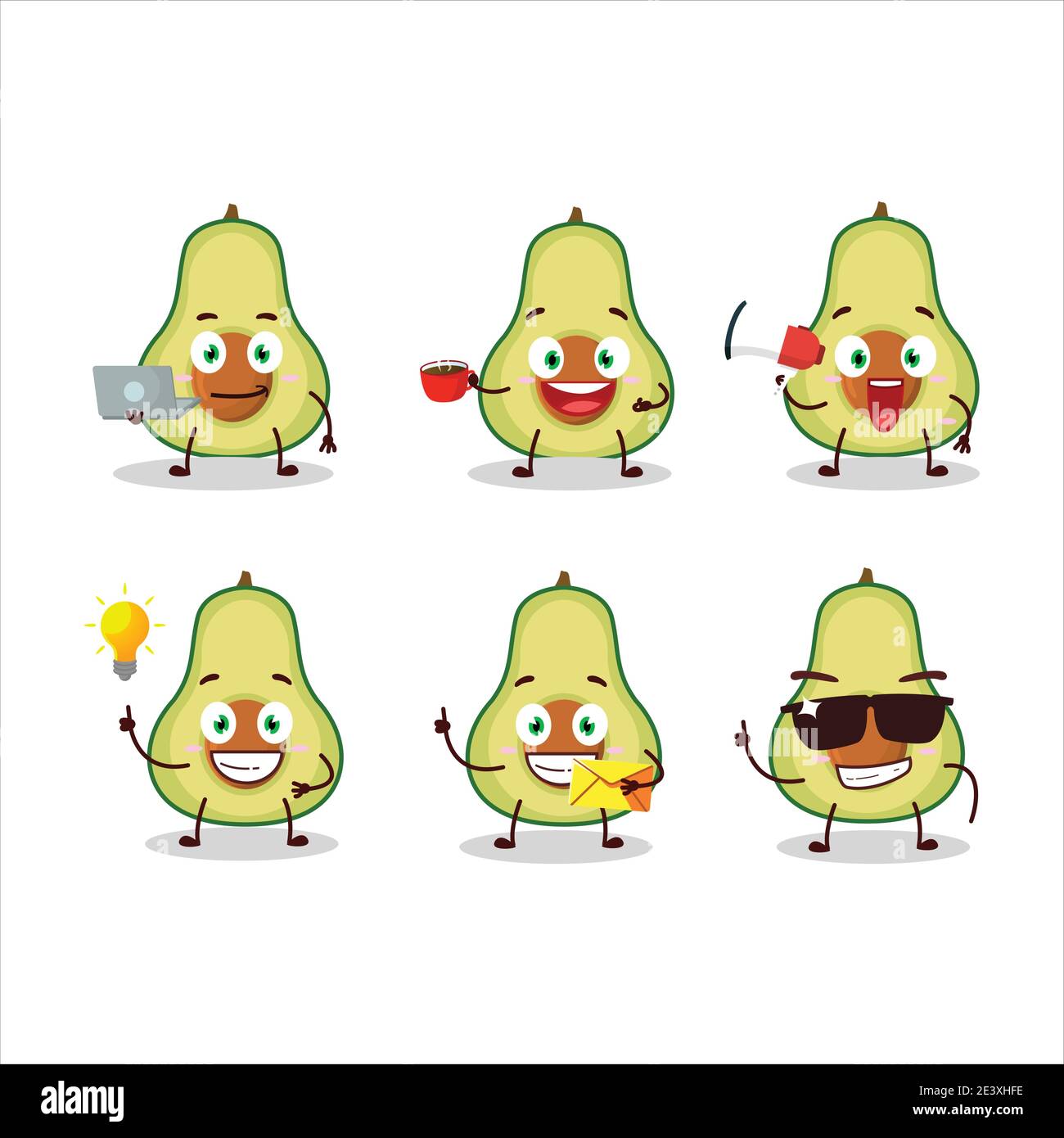 Slice of avocado cartoon character with various types of business ...