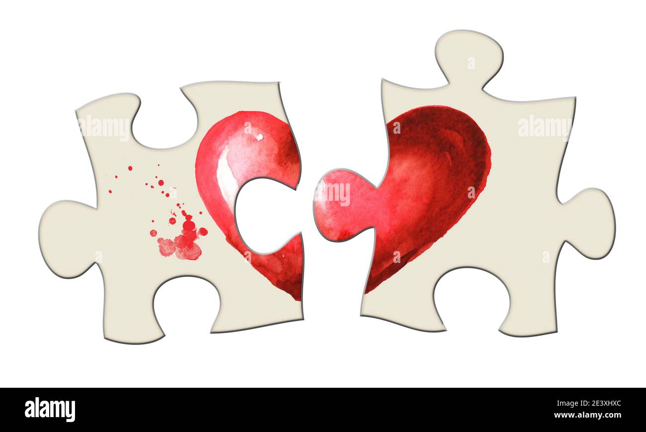 Love and romance illustration. Unfolded puzzle, 2 halves of the heart ...