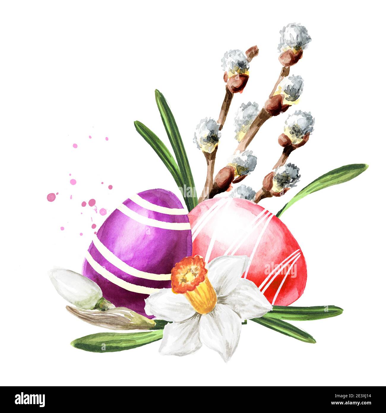 Colored Easter eggs and spring flowers. Hand drawn watercolor ...
