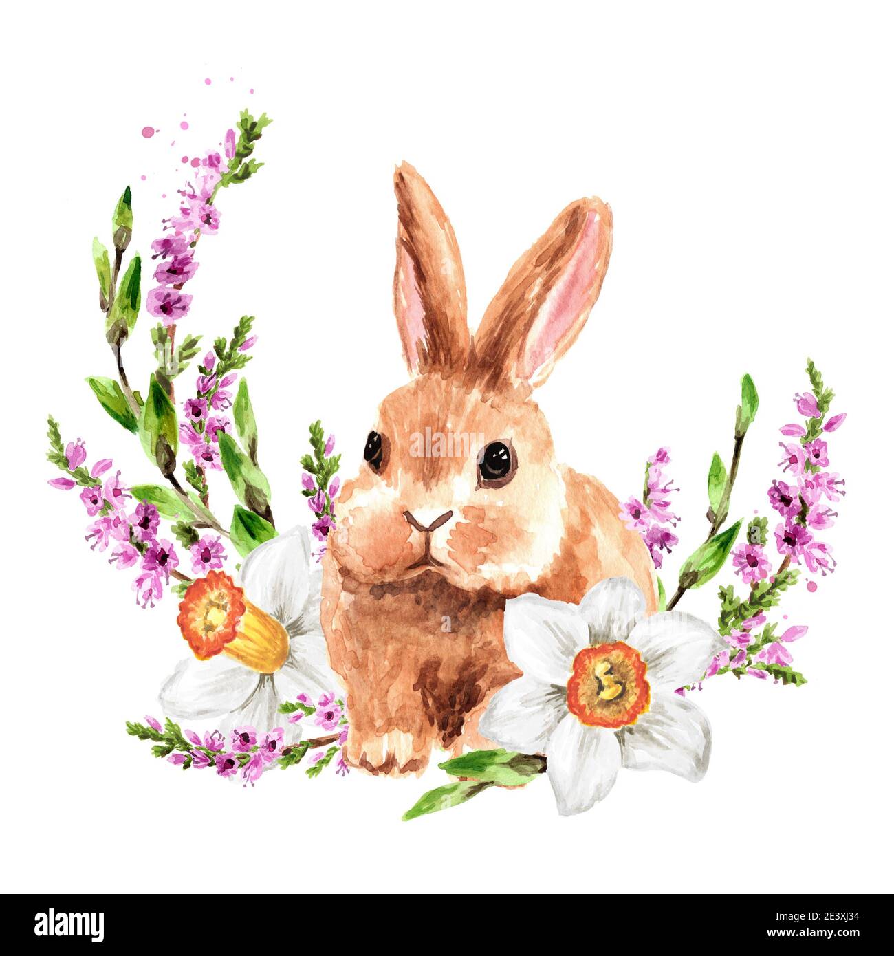 Wreath with spring flowers and small rabbit Hand drawn watercolor ...