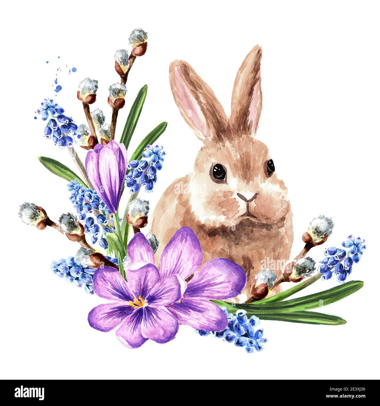 Wreath with spring flowers and little rabbit, Hand drawn watercolor ...